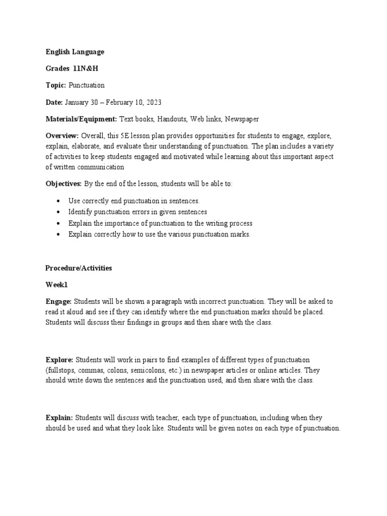 English Language Lesson Plan Feb 10 | PDF | Punctuation | Educational ...