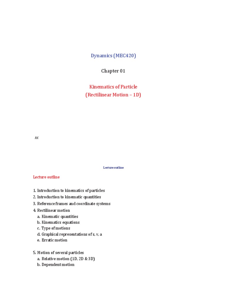 L2C1 MEC420 1D Kinematics of Particle FS2 PDF | PDF | Kinematics | Acceleration