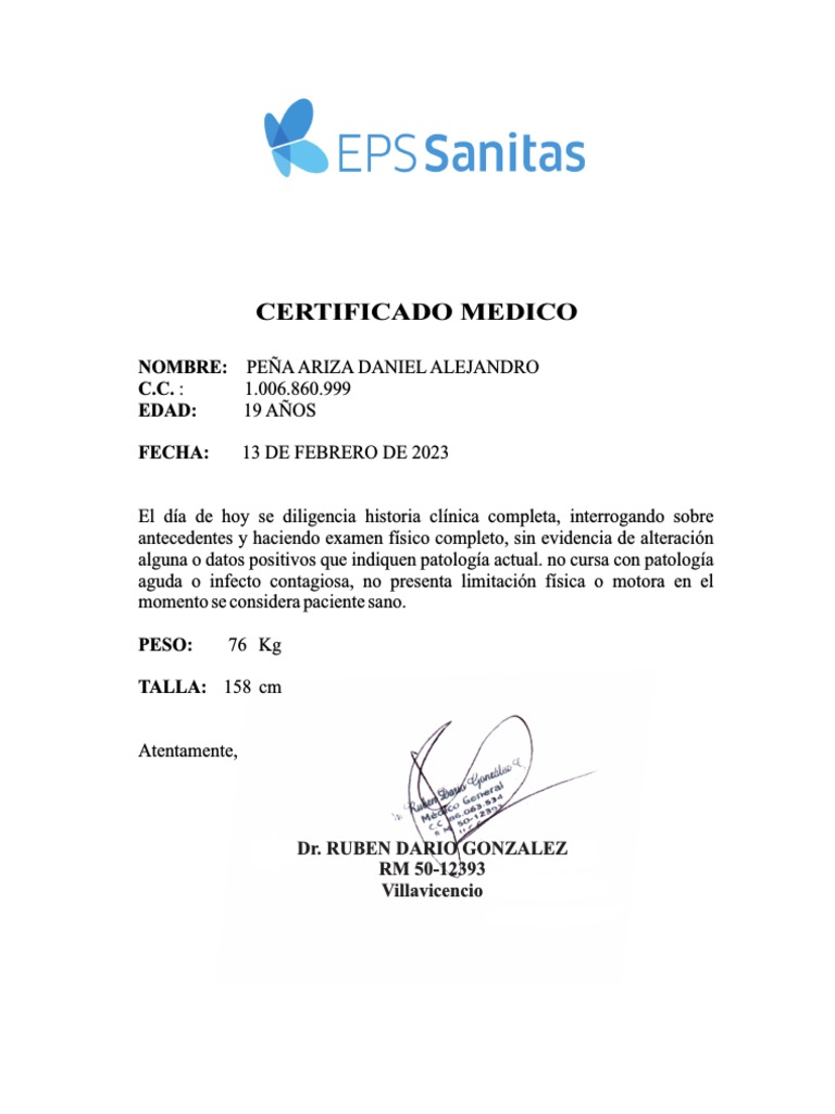 Certificado Medico Eps Sanitas PDF | PDF