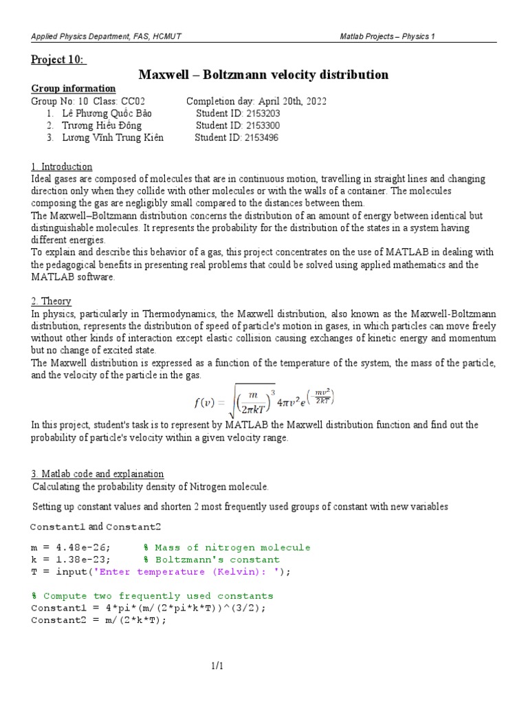 Matlab Project 10 | PDF | Gases | Physical Sciences