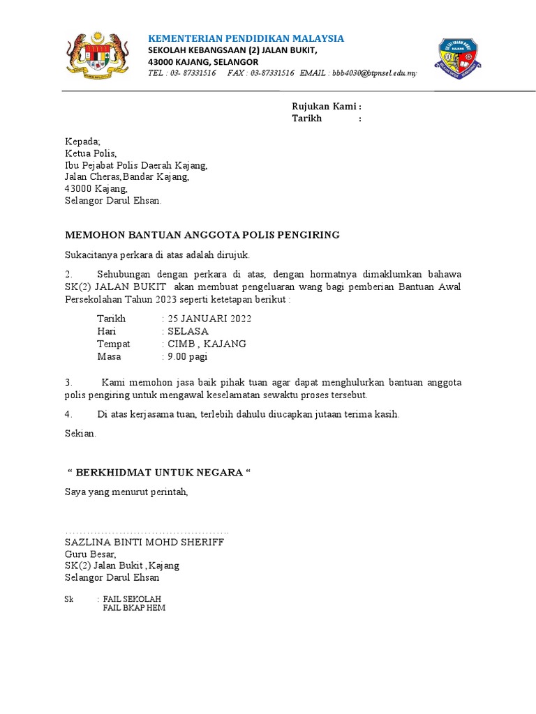 Surat Mohon Polis Pengiring Bkap 2023 | PDF