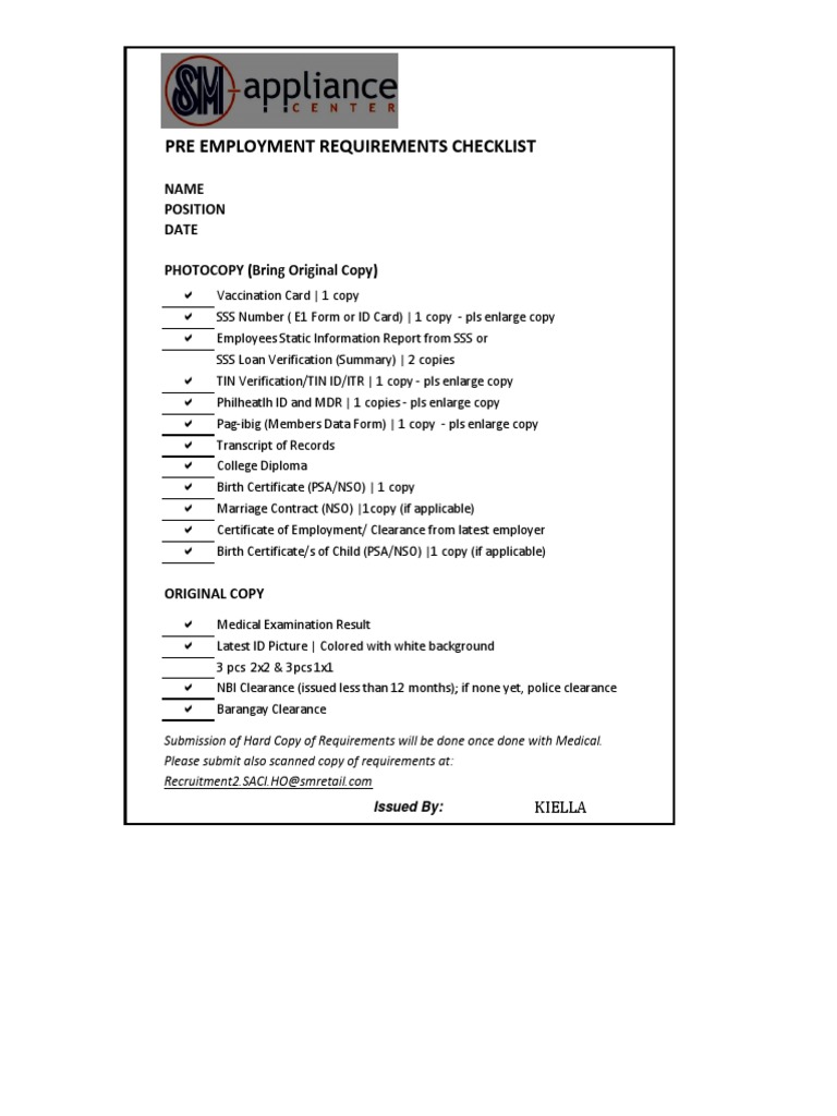 Pre - Employment Requirements. | PDF