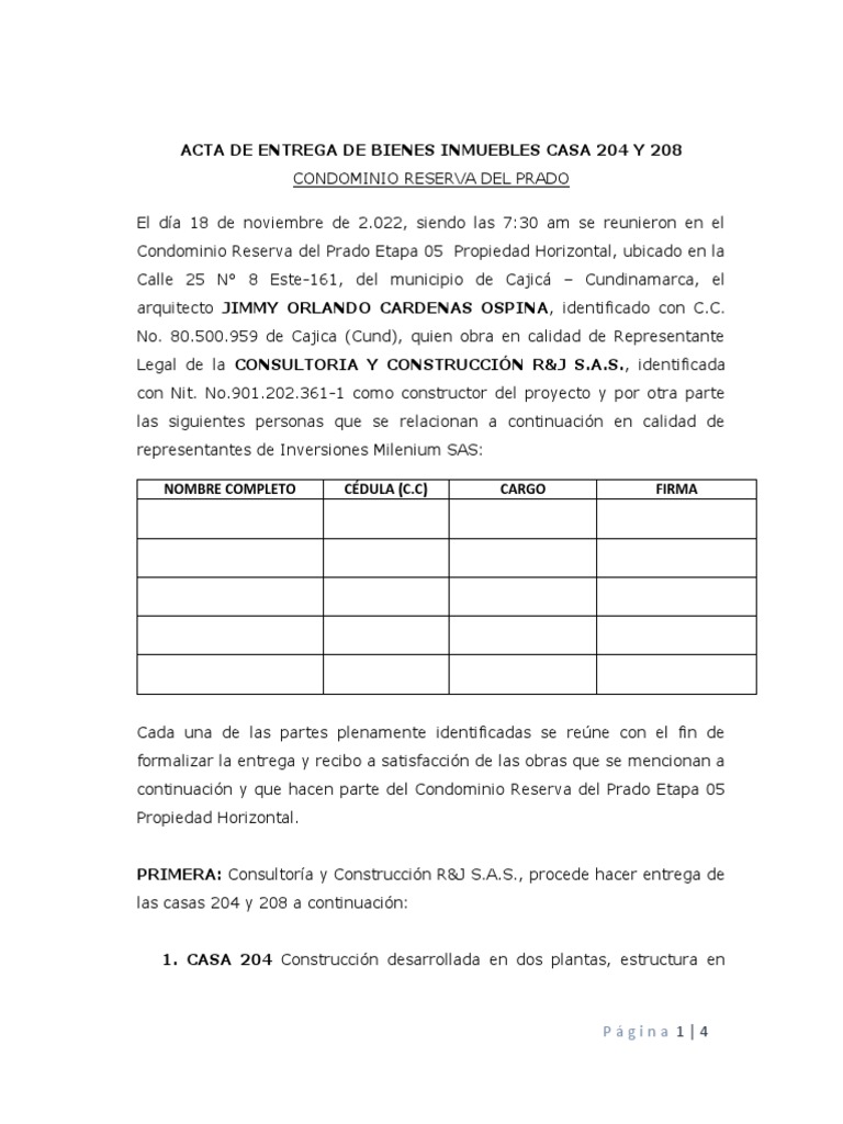 Acta de Entrega Casa 204 y 208 | PDF | Condominio | Bienes raíces