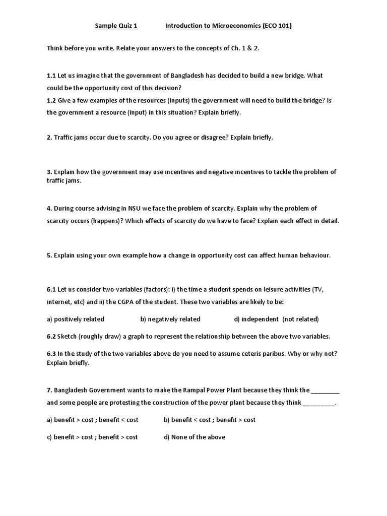 Eco 101 Sample Quiz 1 | PDF | Microeconomics | Opportunity Cost