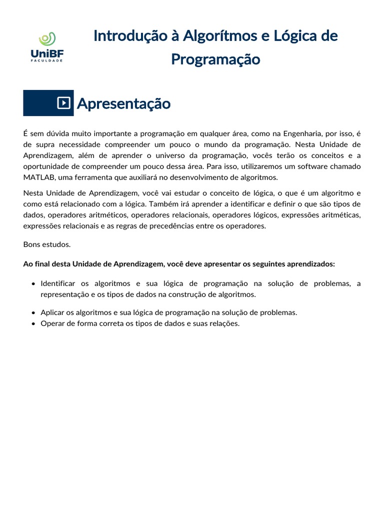 Introdução À Algorítmos e Lógica de Programação PDF | PDF | Algoritmos ...