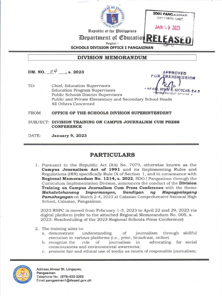 DM04s2023-Division Training On Campus Journalism Cum Press Conference | PDF