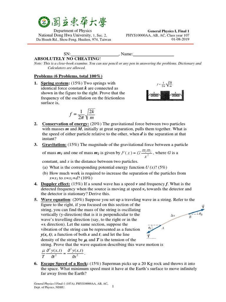 National Dong Hwa University Department of Physics General Physics I ...