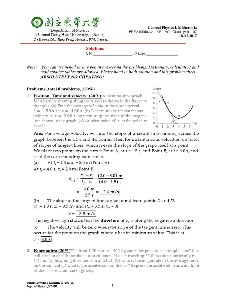 Analysis of Mechanics Problems on the National Dong Hwa University General Physics I Midterm 1 ...