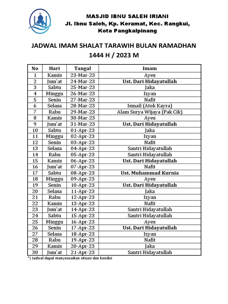 JADWAL IMAM SHALAT TARAWIH BULAN RAMADHAN 1444 H Masjid Ibnu Saleh | PDF