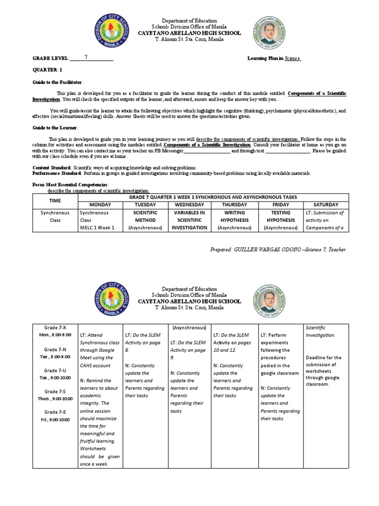 Grade 7 Science Learning Plan: Investigation | PDF | Learning ...
