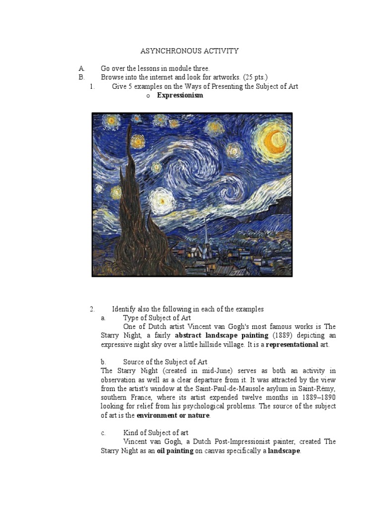 ASYNCHRONOUS ACTIVITY Subject of Art 1 1.odt | PDF | Paintings | Vincent Van Gogh