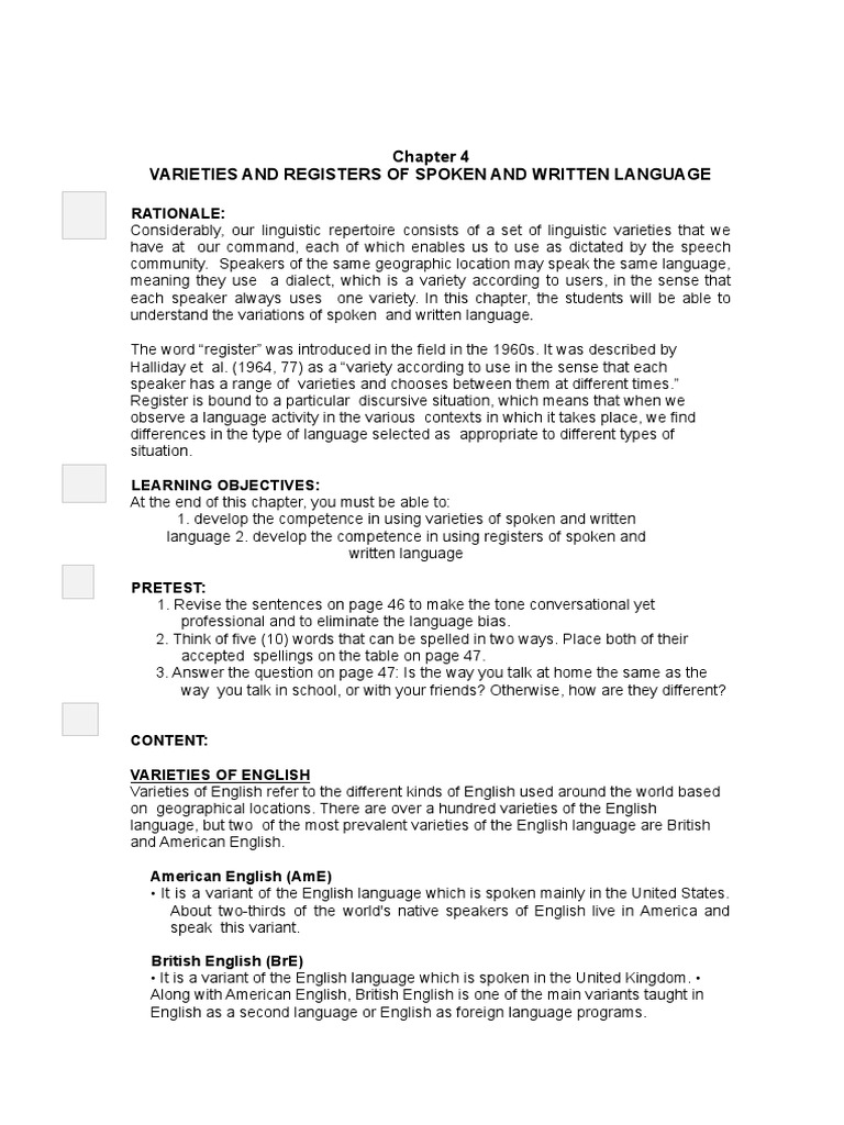 Chapter 4 - VARIETIES AND REGISTERS OF SPOKEN AND WRITTEN LANGUAGE PDF ...
