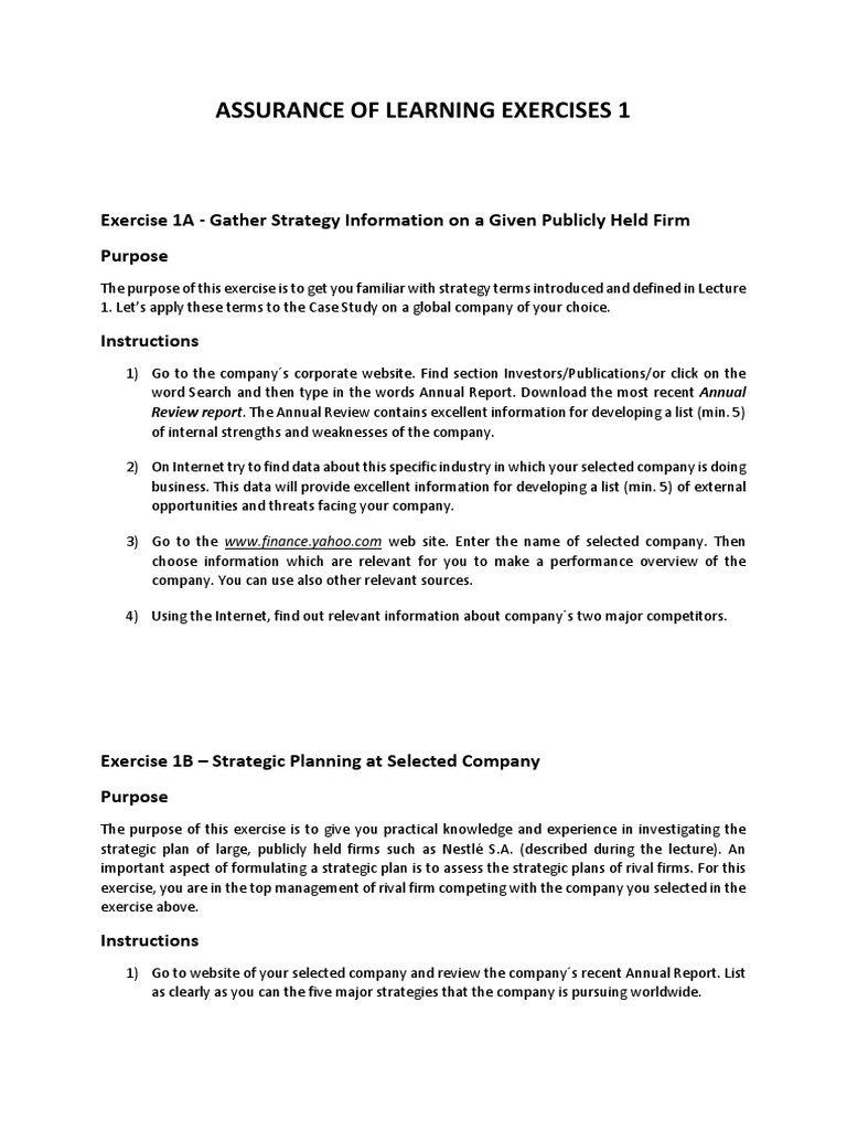SM - Assurance of Learning Exercises 1 - PDF | PDF | Strategic Planning ...