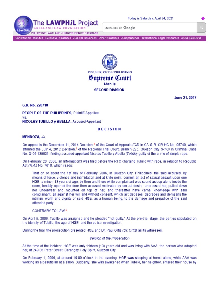 People Vs Tubillo PDF | PDF | Rape | Crimes