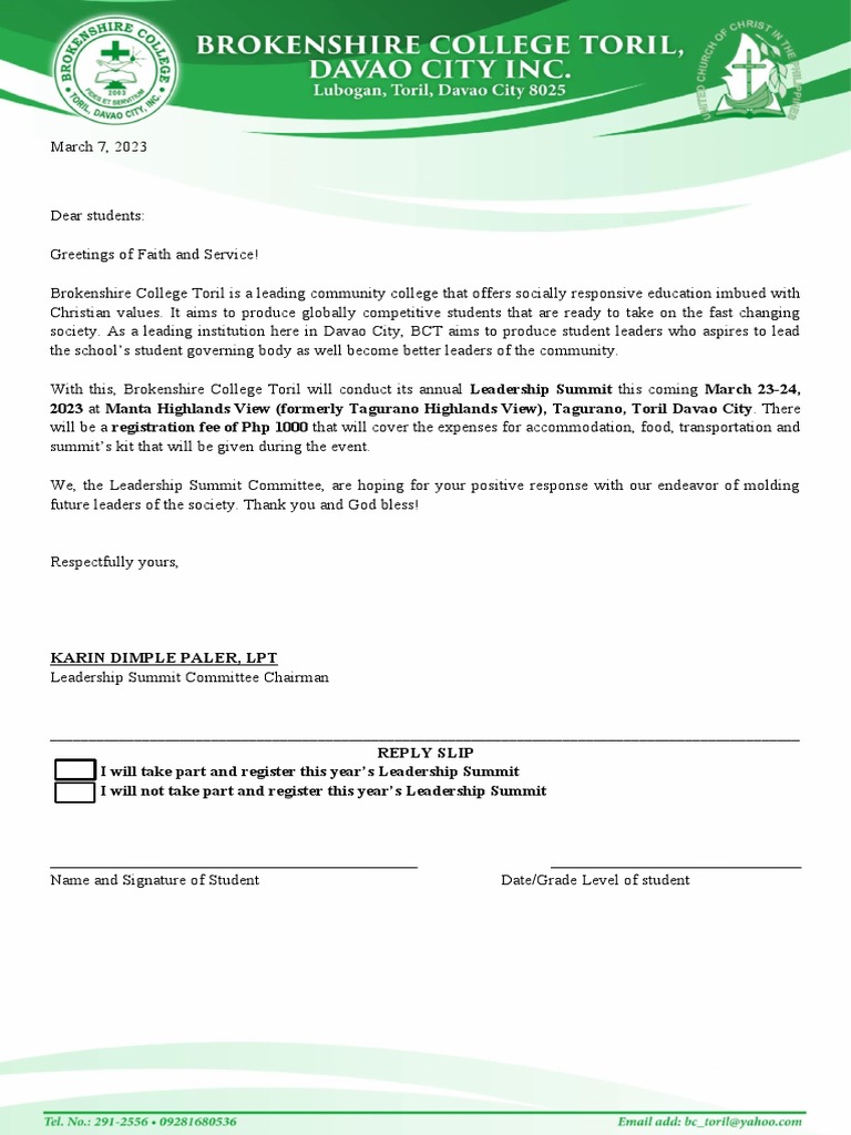 Letter To Students Leadership Summit 2023 | PDF | Career & Growth ...