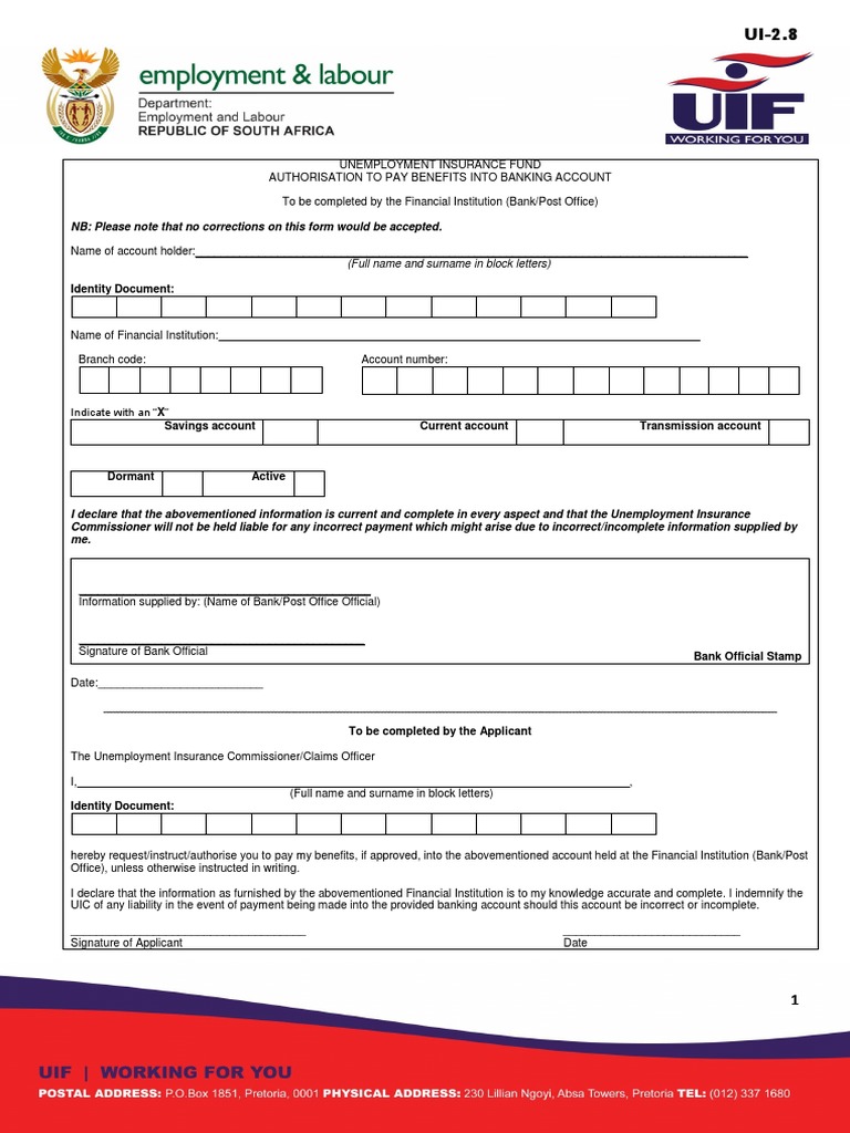 UIF Bank Form UI-2.8 Download | PDF | Banks | Insurance