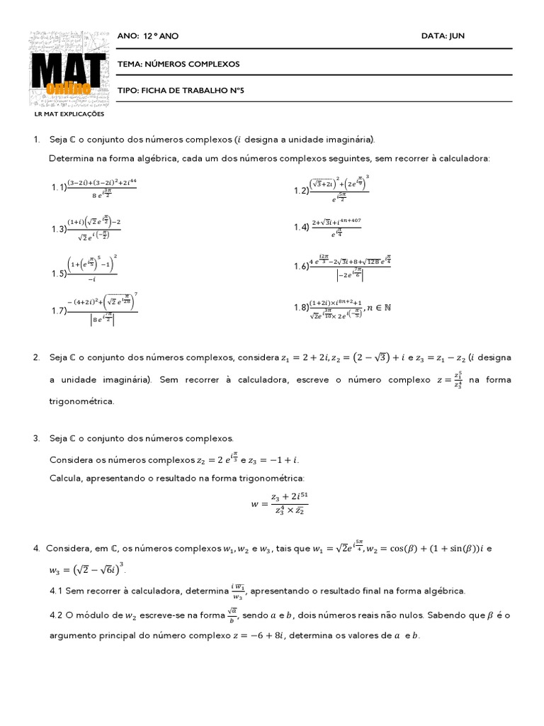 Fichas Mat | PDF | Número complexo | Números