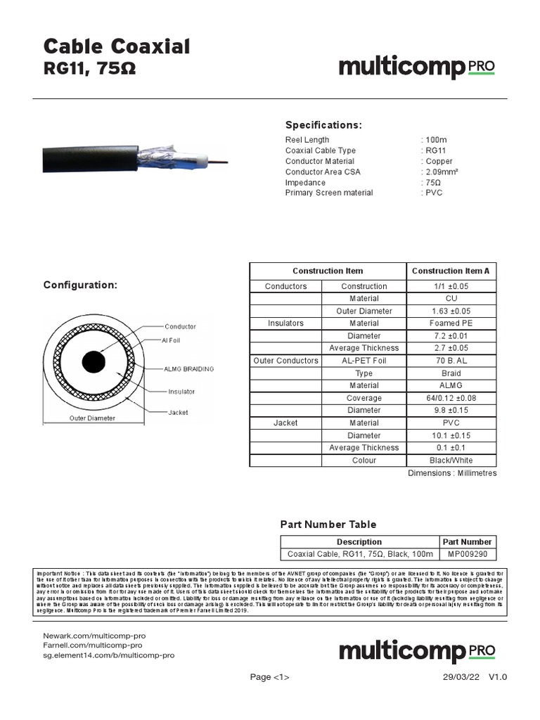 Multicomp RG11 | PDF | Coaxial Cable | Electrical Engineering