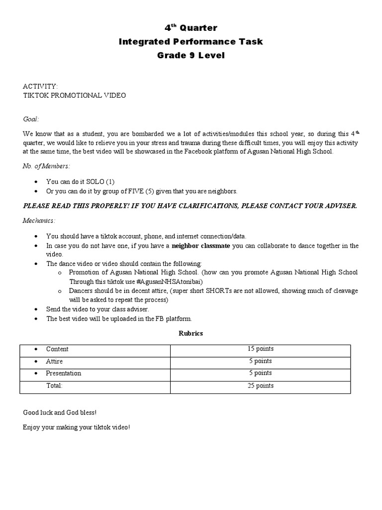4th Quarter Performance Task G9level | PDF