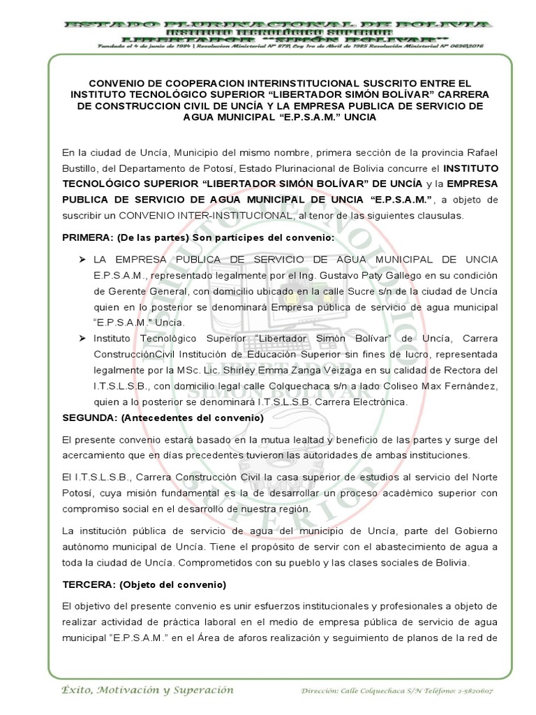 Convenio de Cooperacion Interinstitucional Suscrito Entre El Instituto Tecnológico Superior ...