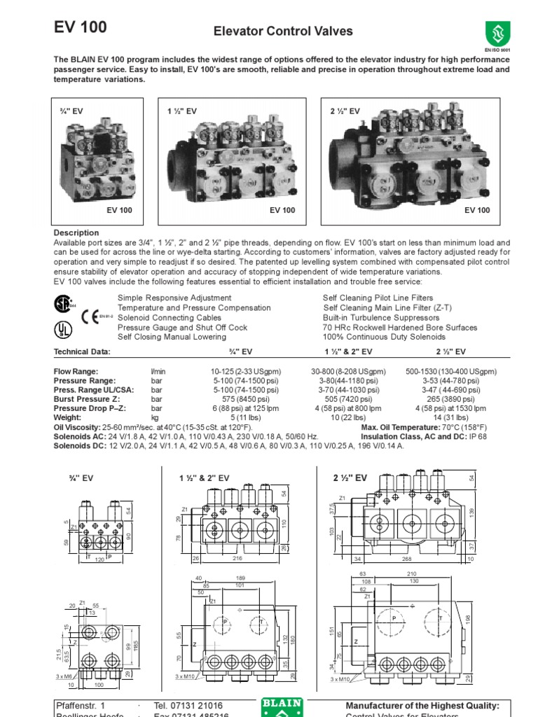 Blain EV100 | PDF | Valve | Elevator