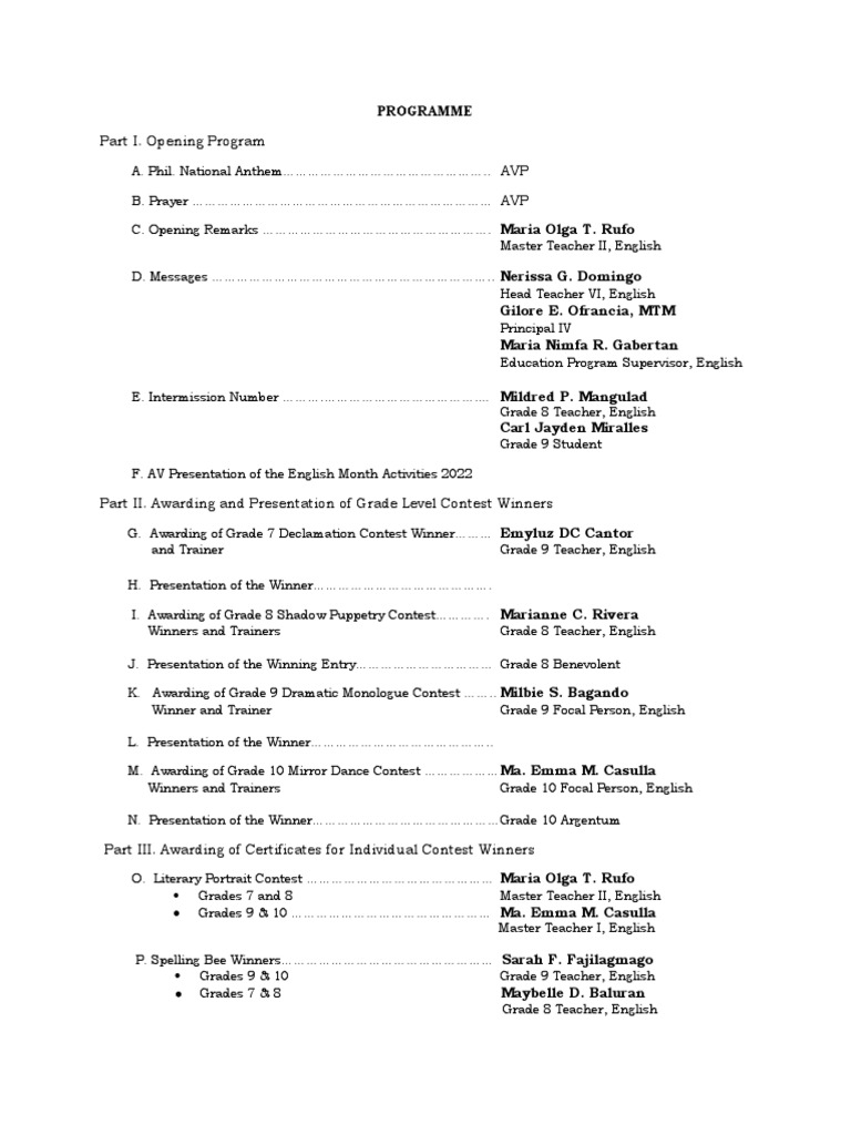 English Month Programme Awards | PDF