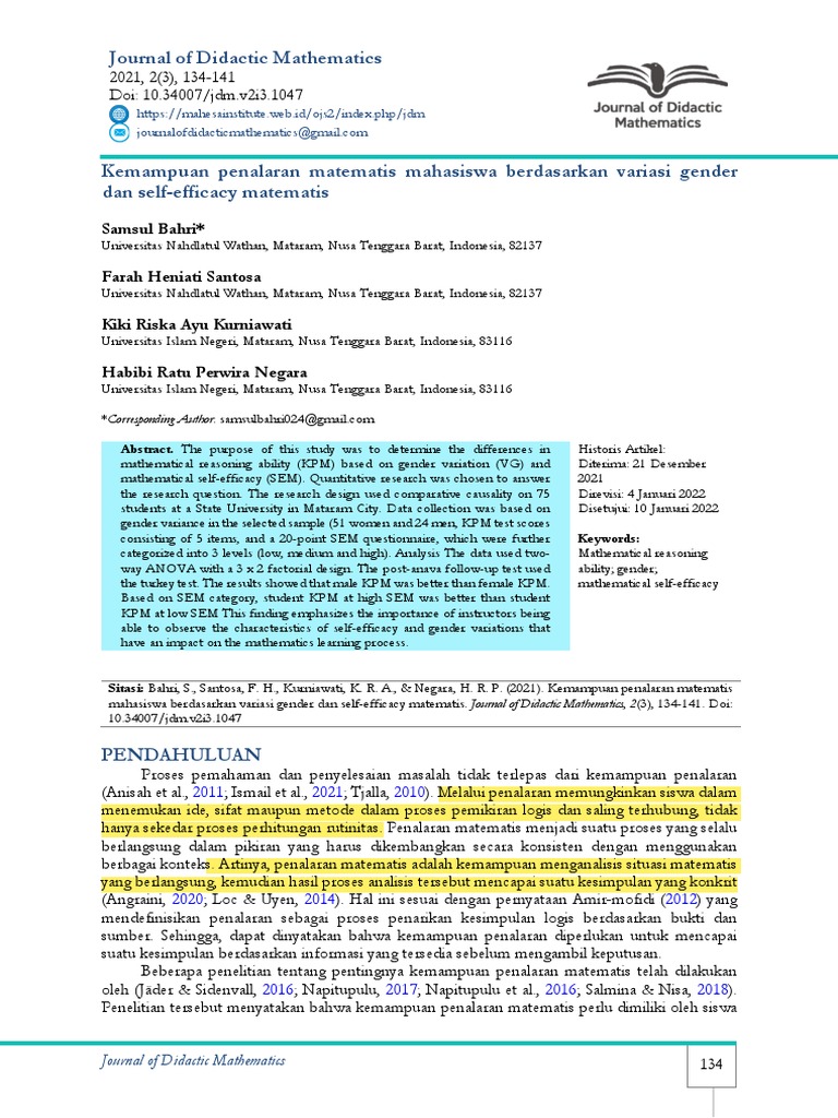 Journal of Didactic Mathematics: Samsul Bahri Farah Heniati Santosa Kiki Riska Ayu Kurniawati ...
