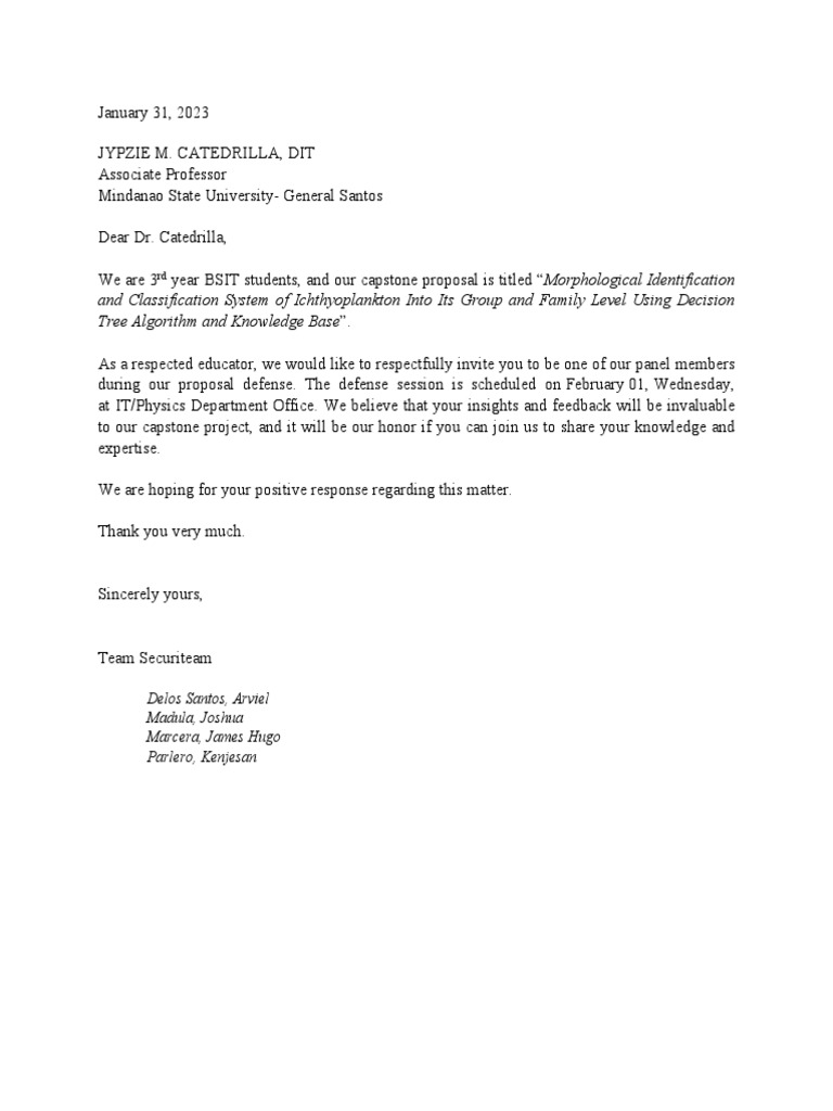 Invitation for Capstone Defense Panel | PDF | Science & Mathematics