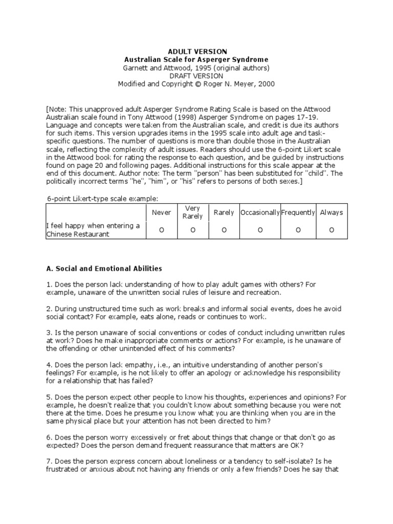 SCREENING - ASPERGERS - Australian Scale For Aspergers in Adults - Draft | PDF | Conversation ...