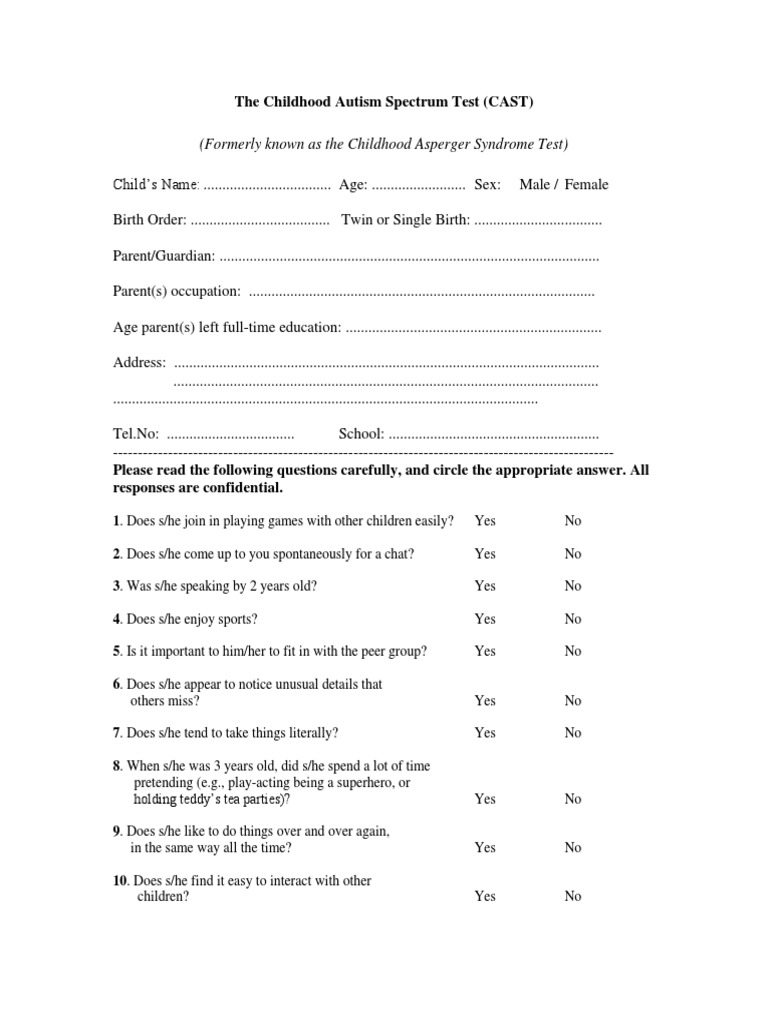 SCREENING - ASPERGERS - Children Asperger Screening Tool - CAST | PDF ...