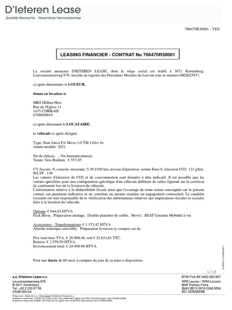 Contrat de leasing D'Ieteren 2021 | PDF | Assurance | Économie