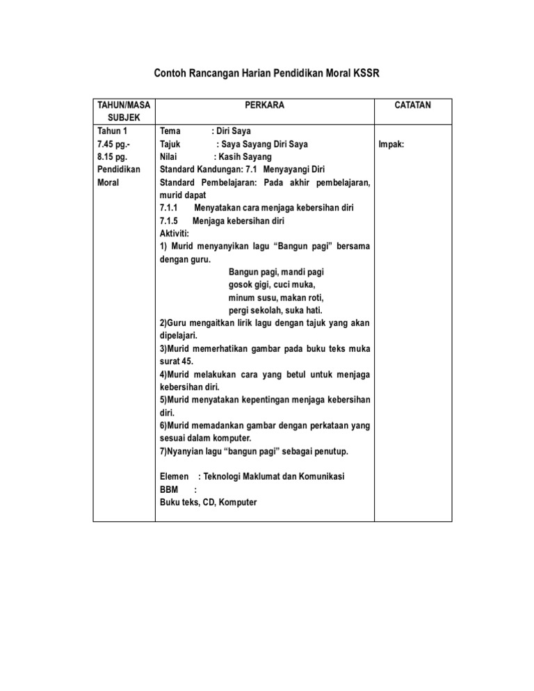 Contoh RPH Pendidikan Moral KSSR 2011 | PDF