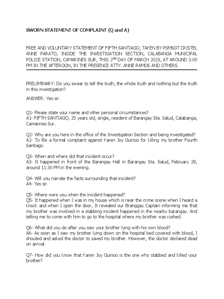 Sworn Statement of Complaint (Q and A) | Download Free PDF | Affidavit | Common Law