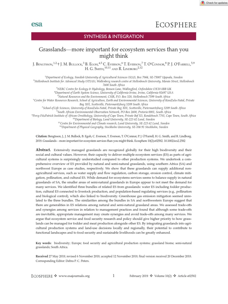 Ecosphere - 2019 - Bengtsson - Grasslands More Important For Ecosystem Services Than You Might ...