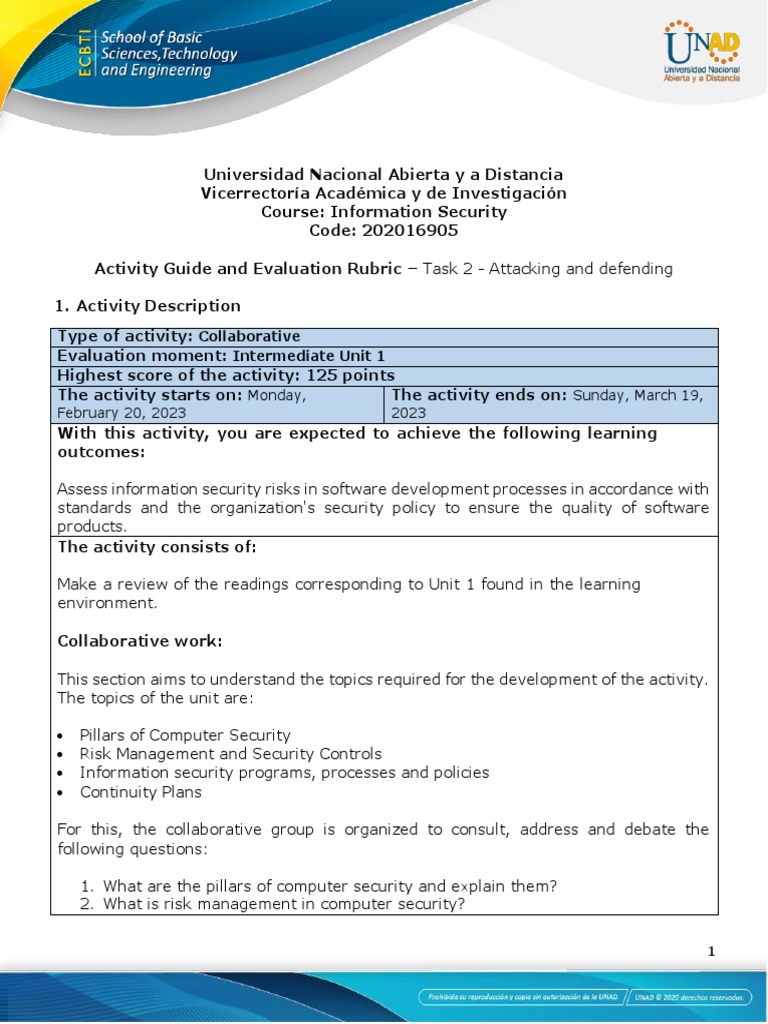 Activities Guide and Evaluation Rubric - Unit 1 - Task 2 - Attacking and Defending | PDF ...