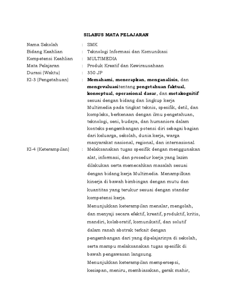 SILABUS MATA PELAJARAN Produk Kreatif Kelas Xii | PDF
