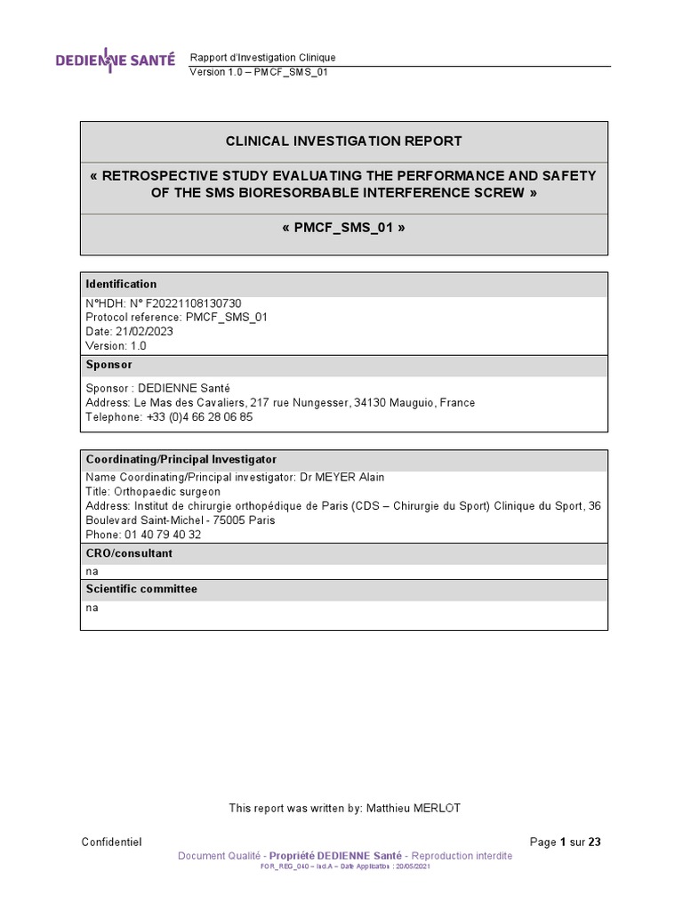 SMS Rapport-Investigation-Clinique 20230221 V1.0 PDF | PDF | Knee