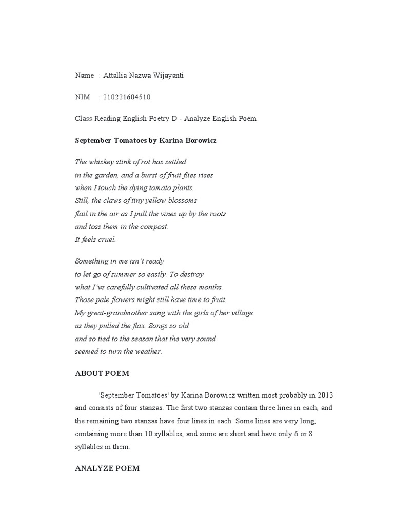 Analysis of "September Tomatoes" Poem | PDF | Poetry
