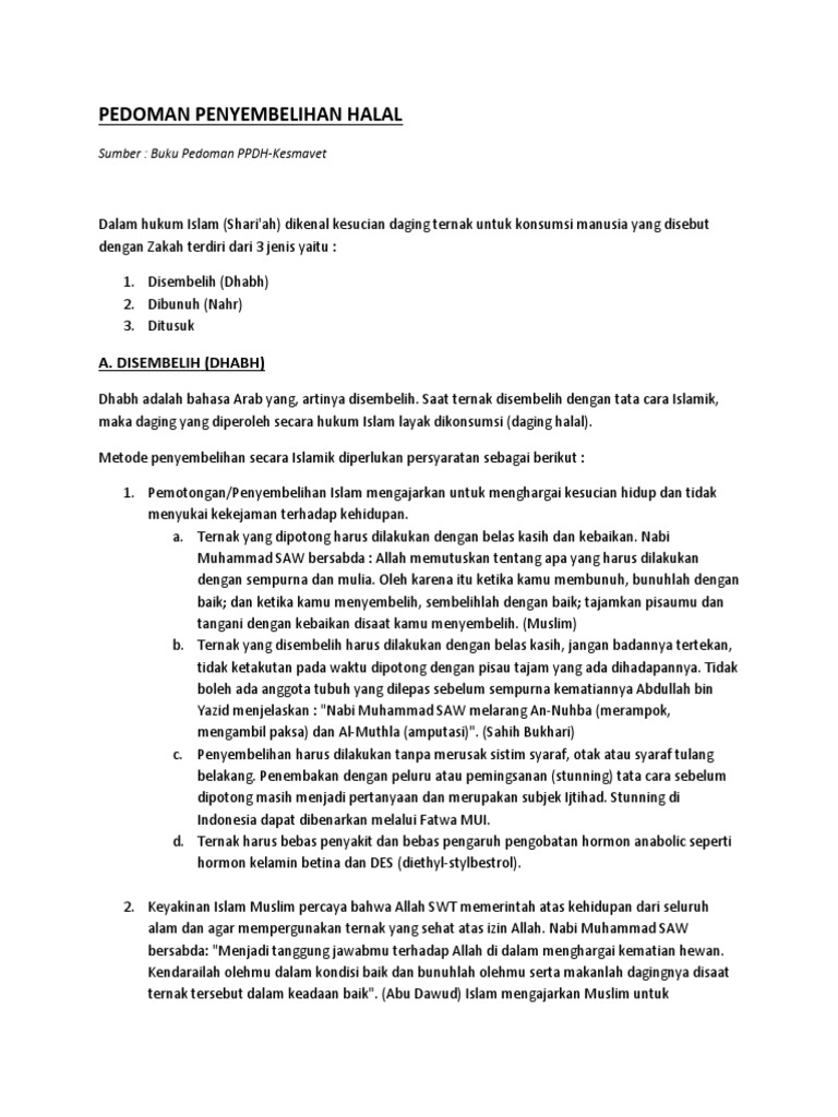 PEDOMAN PENYEMBELIHAN HALAL - Buku Pedoman PPDH-Kesmavet PDF | PDF