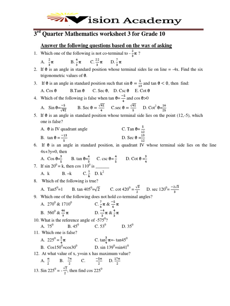 3rd Quarter Math Worksheet 3 For Grade 10 PDF | PDF | Trigonometric Functions | Algebra