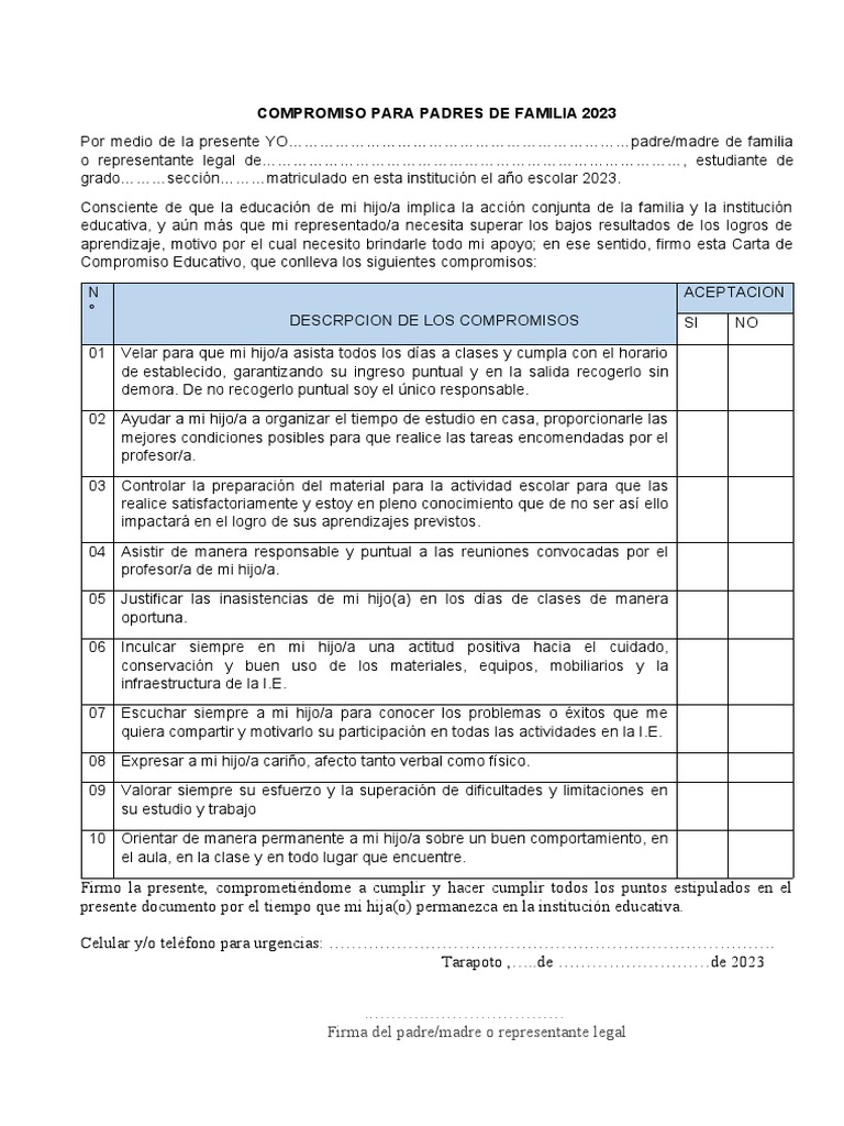 Compromiso para Padres de Familia 2023 | PDF