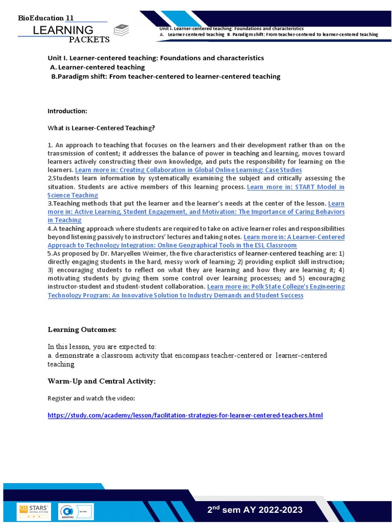 BioEd 11-Learning Packet 1 - Foundations | PDF | Learning | Teachers