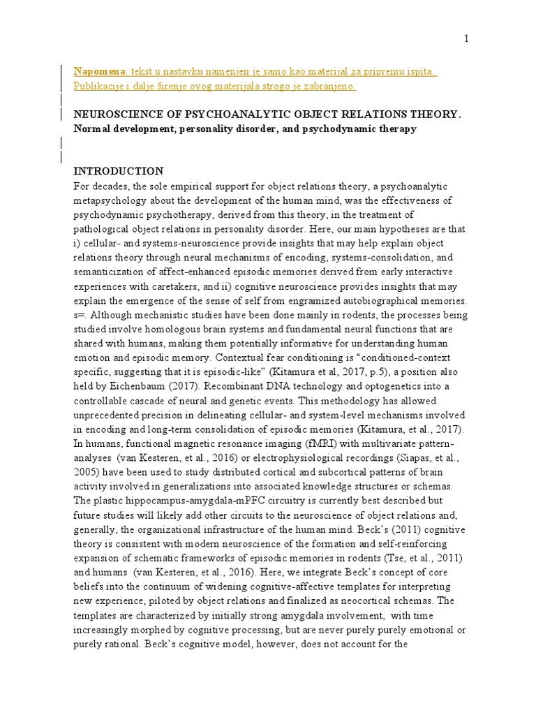 Neuroscience Of Psychoanalytic Object Relations Theory Mine Pdf