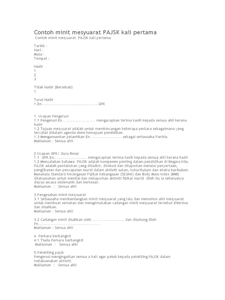Contoh Minit Mesyuarat PAJSK Kali Pertama | PDF