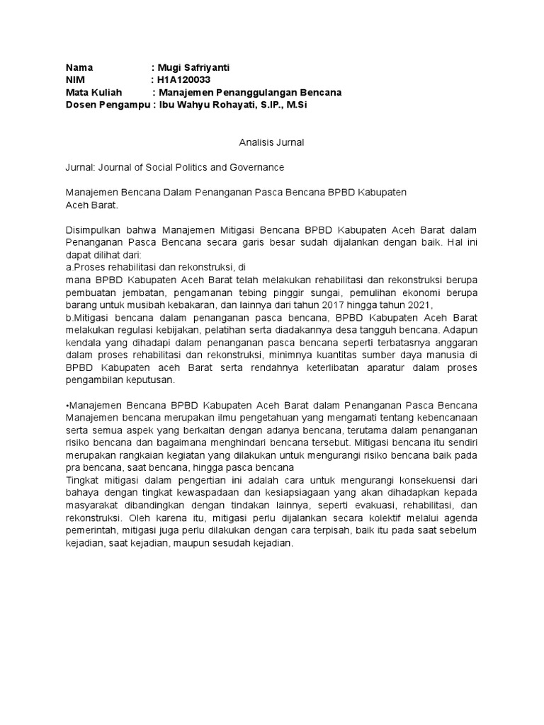 Analisis Jurnal. Manajemen Penanggulangan Bencana | PDF