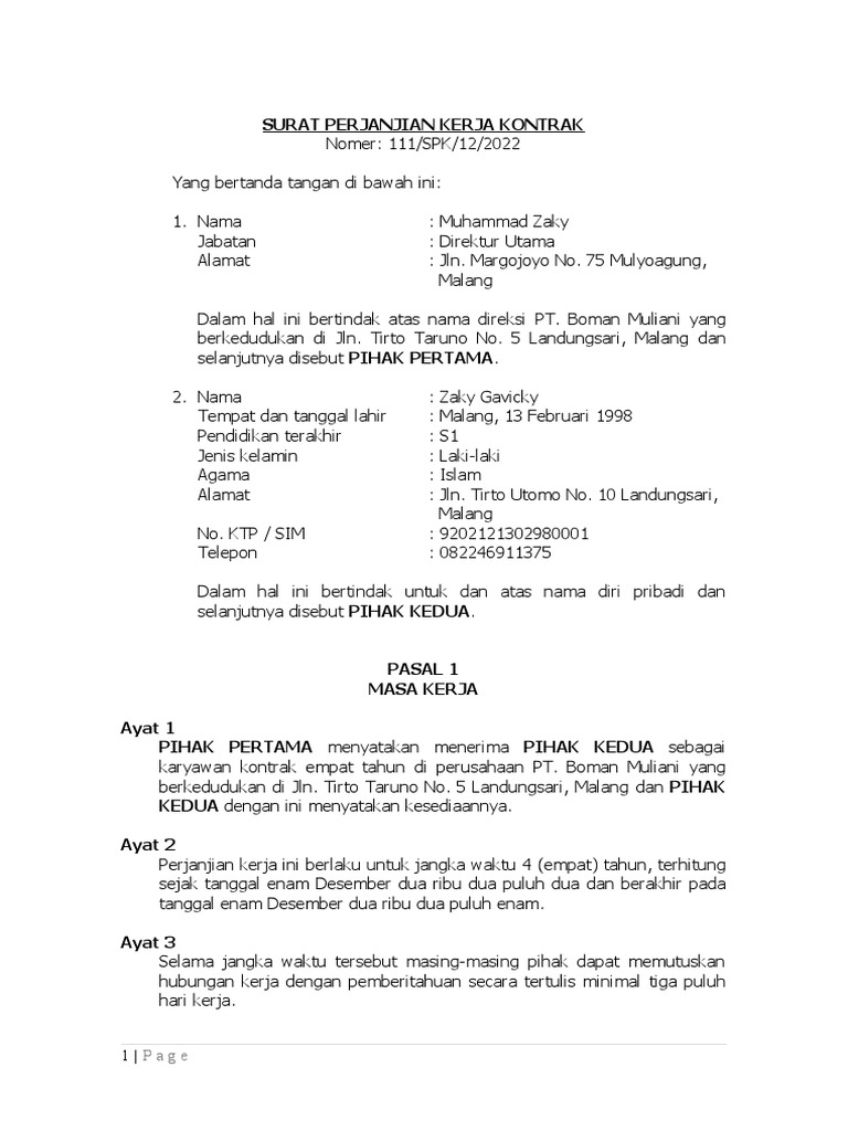 Surat Perjanjian Kerja Muhammad Zaky 2019-496 | PDF | Hukum
