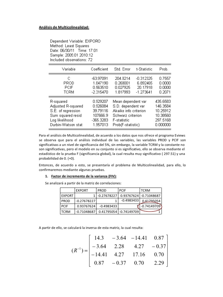 Análisis de Multicolinealidad Econometria | PDF | Multicolinealidad | Correlación y dependencia