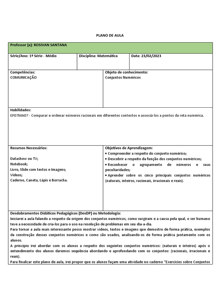 PLANO DE AULA 1º Serie Médio | PDF | Números | Número real
