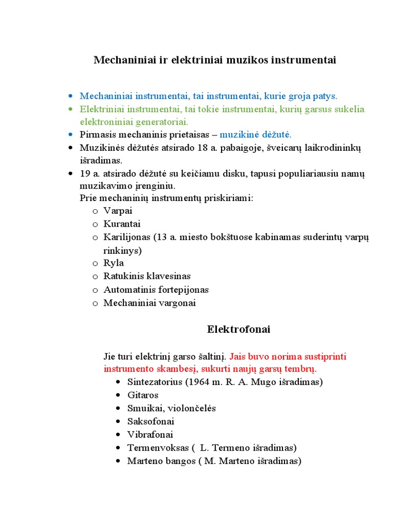 Mechaniniai Ir Elektriniai Muzikos Instrumentai | PDF