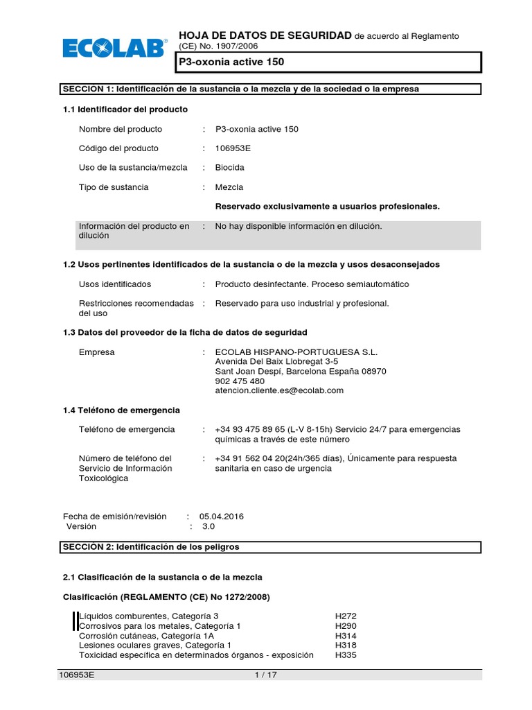 Ficha de Seguridad - Producto Quimico Oxonia Active | PDF | Agua | Residuos
